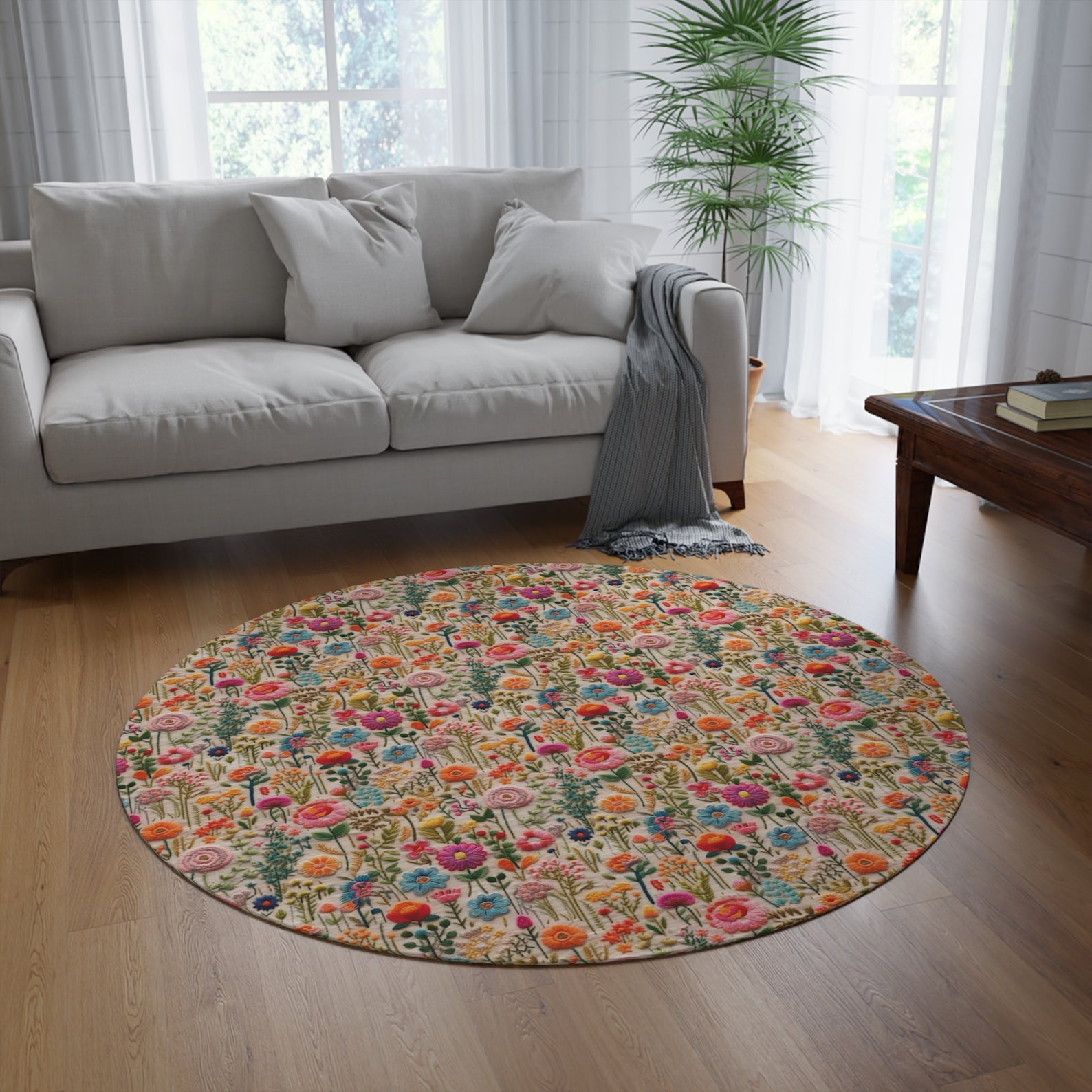 Rainbow Flower Meadow Rug, Colorful Round Rug, Wildflower Round Area ...