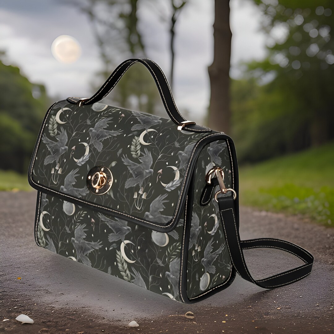 Lunar Raven Handbag Witchy, Moon Satchel Bag, Vegan Leather Canvas ...