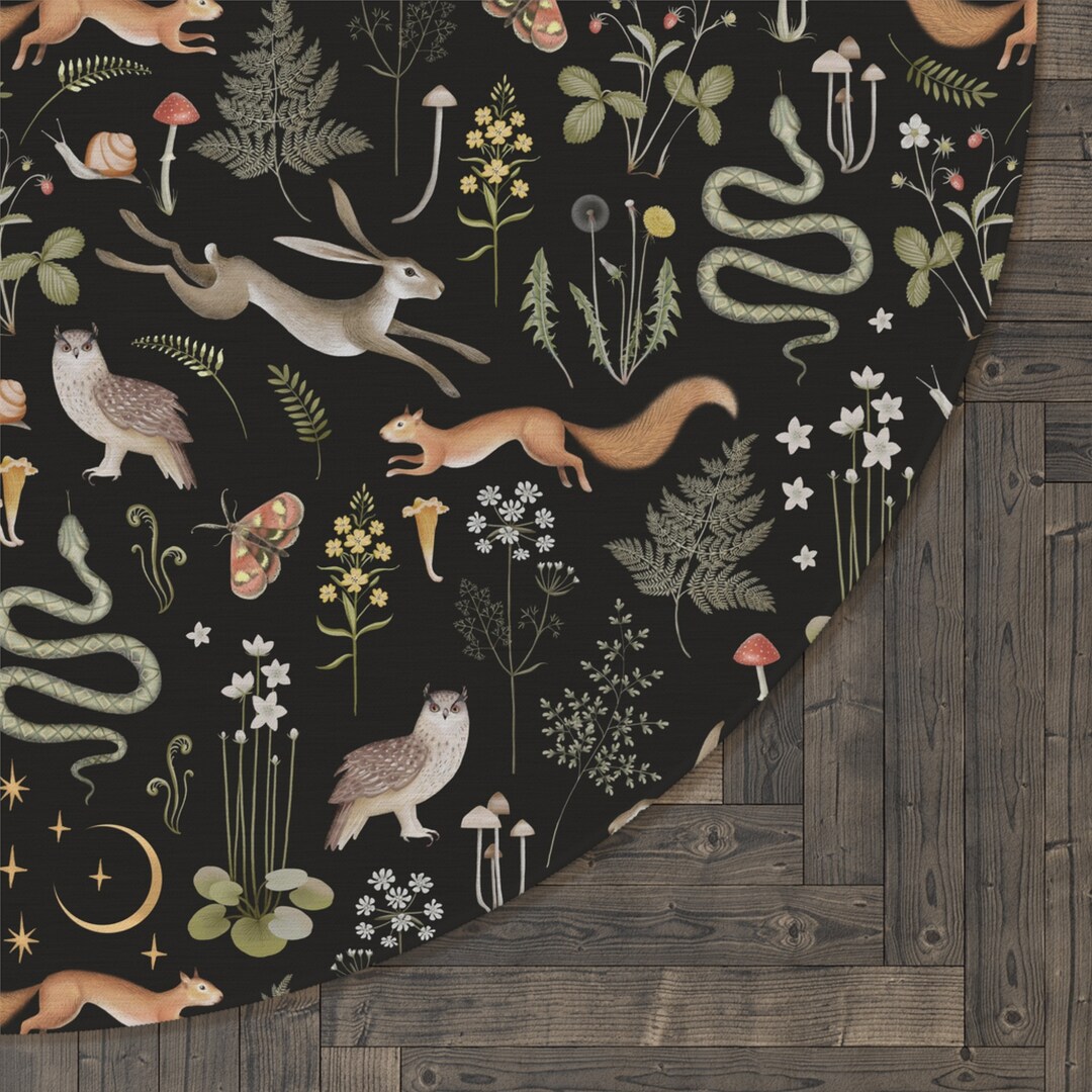 Enchanted Forest Animal Round Rug, Witchy Round Floor Mat, Black Area ...