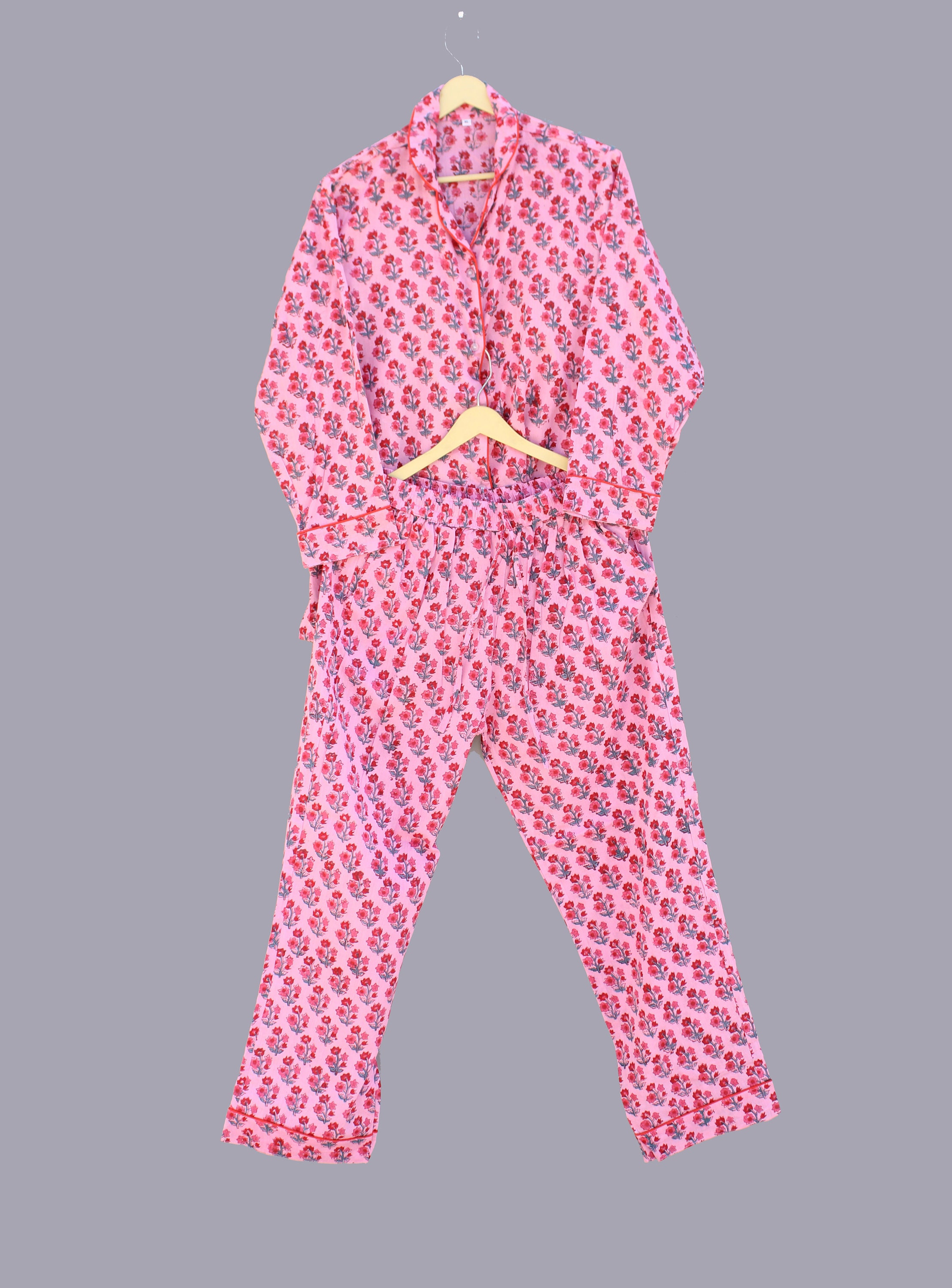 Pink Floral Print Pajama Set Night Suit Dress Cotton Pyjamas Sets Soft Cotton Pj Set Hand