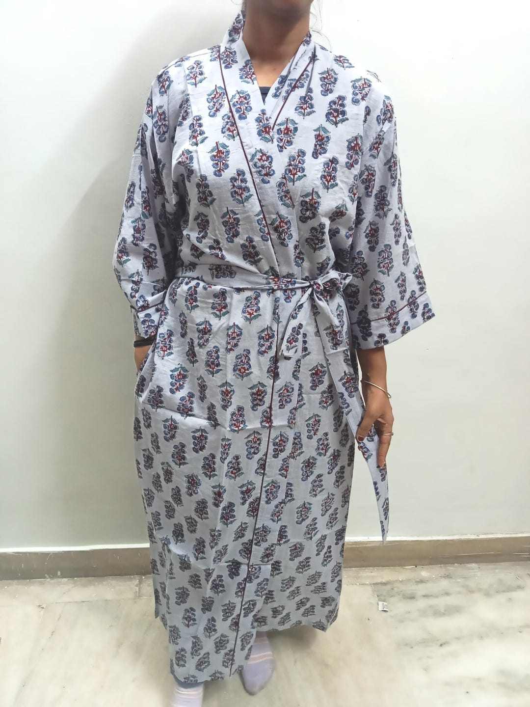 Floral Block Print Cotton Kimono Robe: Gray Indian Duster - Etsy