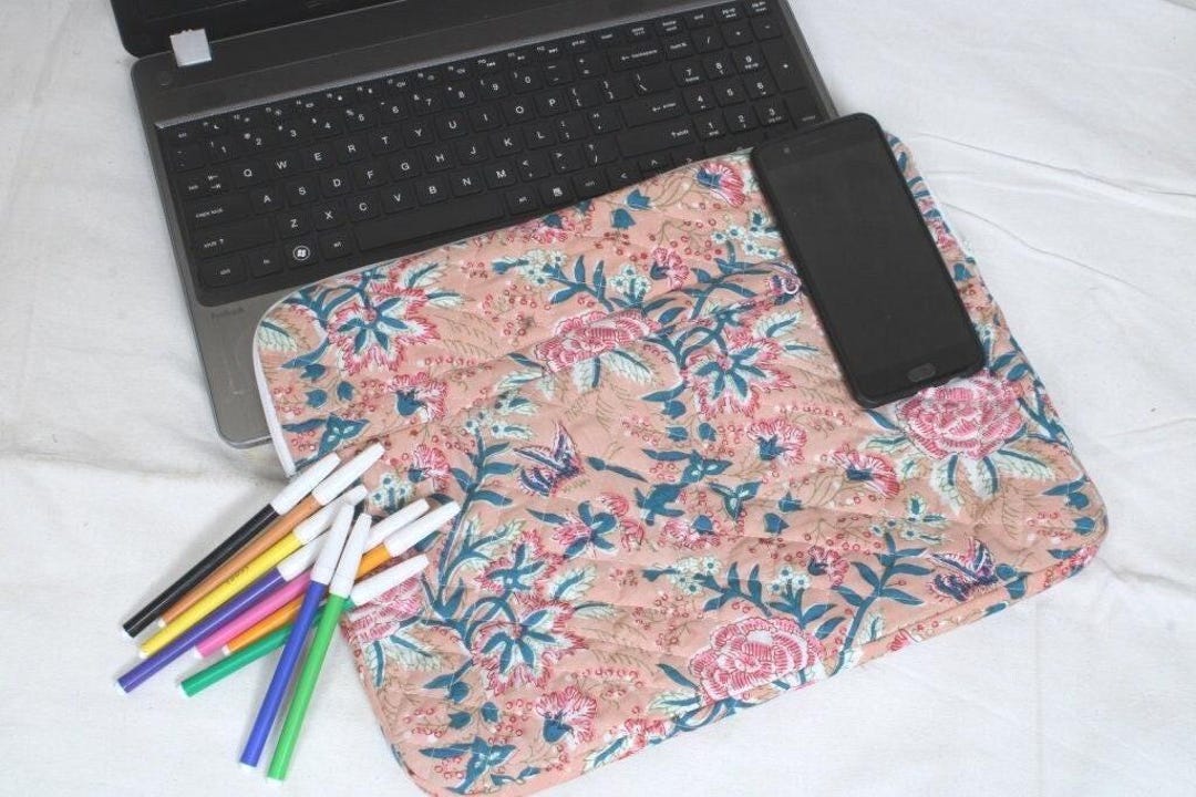 Hand Block Printed Cotton Quilted Laptop Sleeve: Floral Mac-book Case ...