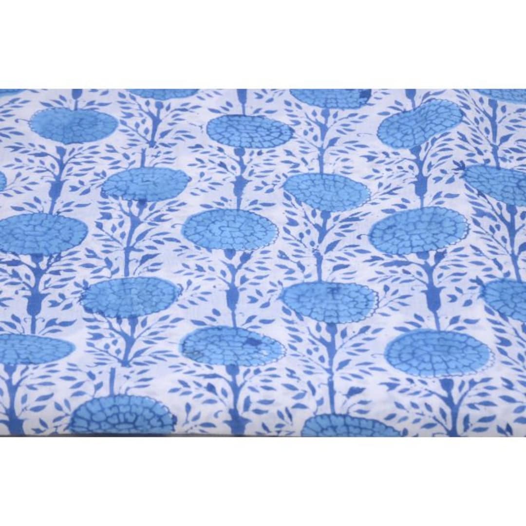 Floral Hand Block Printed Cotton Fabric: Blue Daisy Print by the Yard ...
