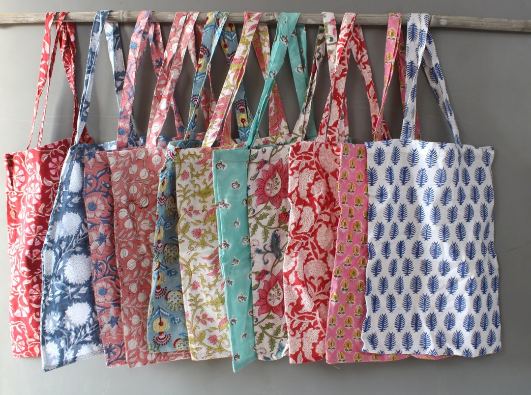 Hand Block Floral Cotton Tote Bag: Lightweight Reusable Shopping Bag - Etsy