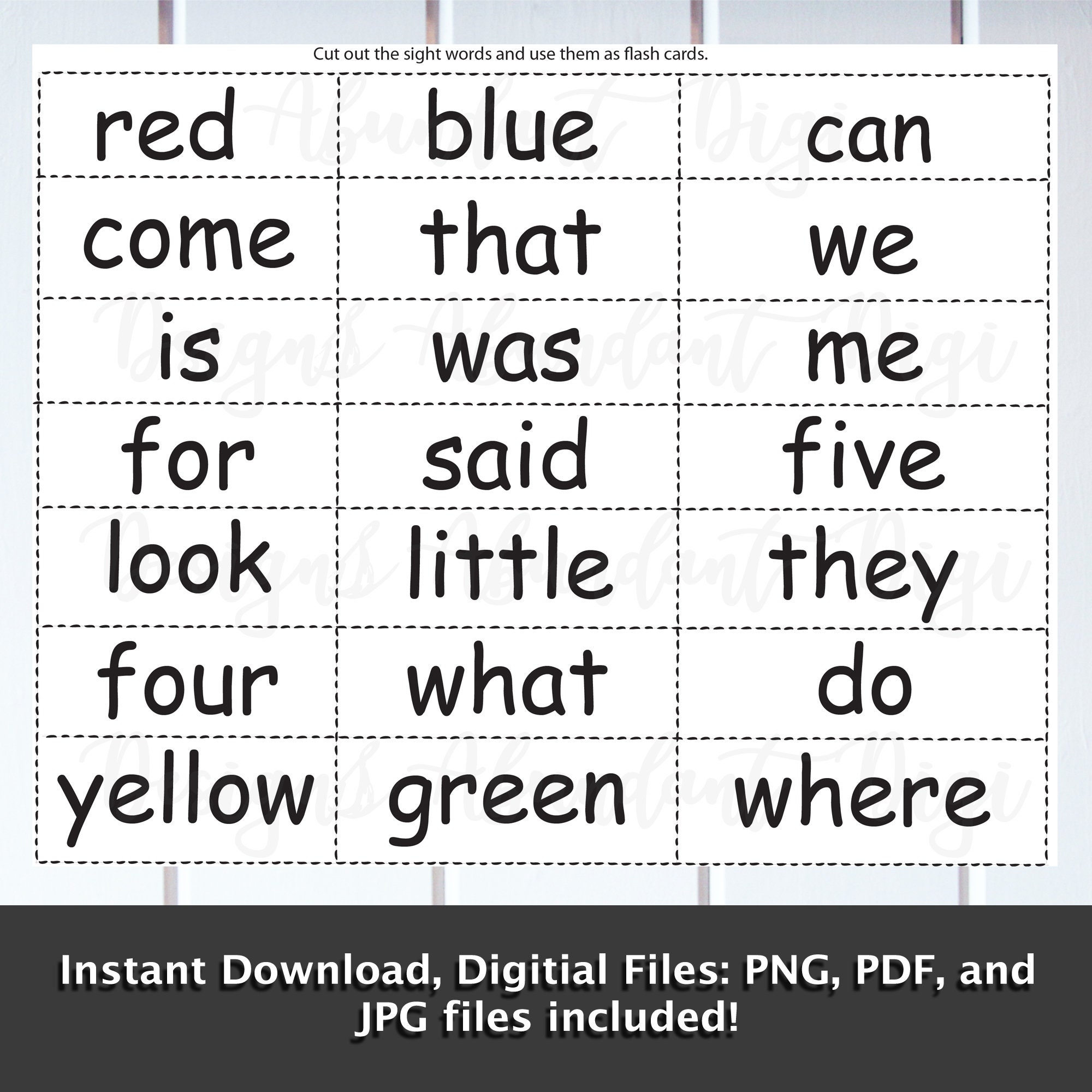 Preschool Kindergarten Sight Words Cut Out Flash Cards, Jpeg, Png, Png ...