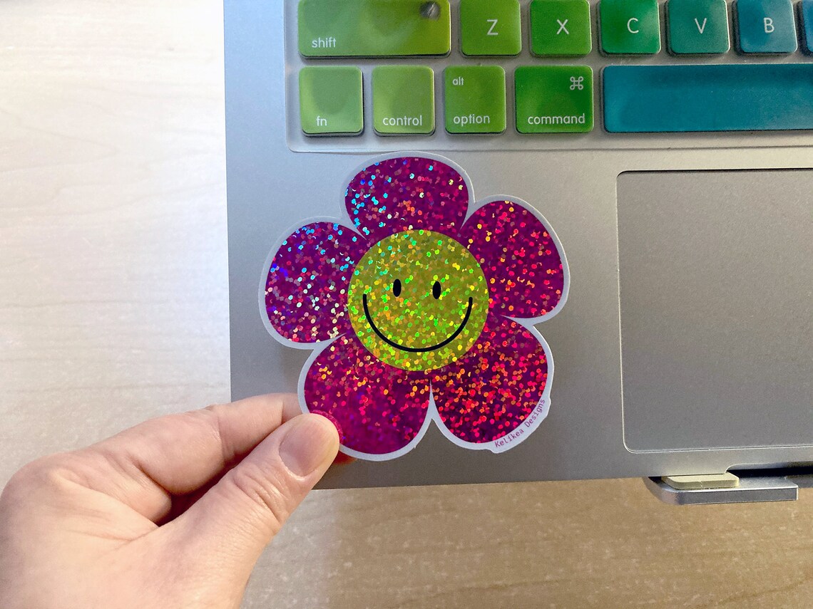 Flower Sticker Happy Face Sticker Glitter Sticker 80s Sticker Vintage ...