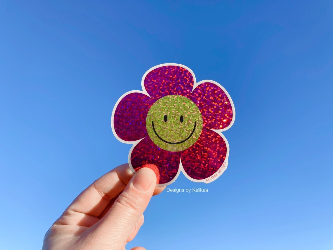 Flower Sticker Happy Face Sticker Glitter Sticker 80s Sticker Vintage ...