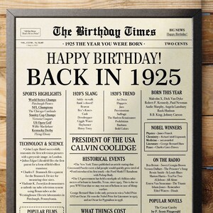 1925 Poster, 100th Birthday Newspaper Sign, 1925 Birthday Poster ...