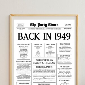 1949 75th Birthday Back in 1949 Last Minute Gift Fun Facts 1949 75th ...