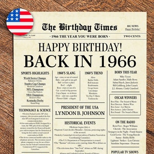 58th Birthday Decorations, 1966 Poster, 58th Birthday Newspaper Poster ...