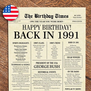 Back in 1991, 32nd Birthday Newspaper Sign, 32 Birthday Poster INSTANT ...