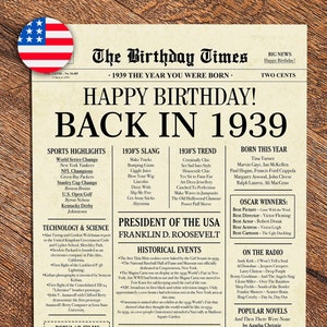 1939 Poster, 86th Birthday Newspaper Sign, 1939 Birthday Poster INSTANT DOWNLOAD, 86 Years Ago ...