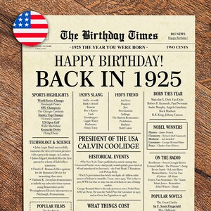1925 Poster, 100th Birthday Newspaper Sign, 1925 Birthday Poster ...