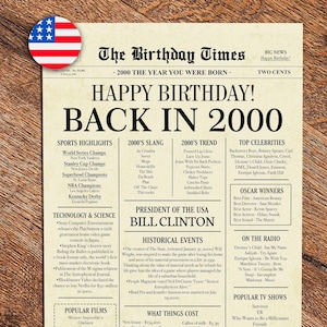 2000 Poster, 23rd Birthday Newspaper Sign, 2000 Birthday Poster INSTANT ...