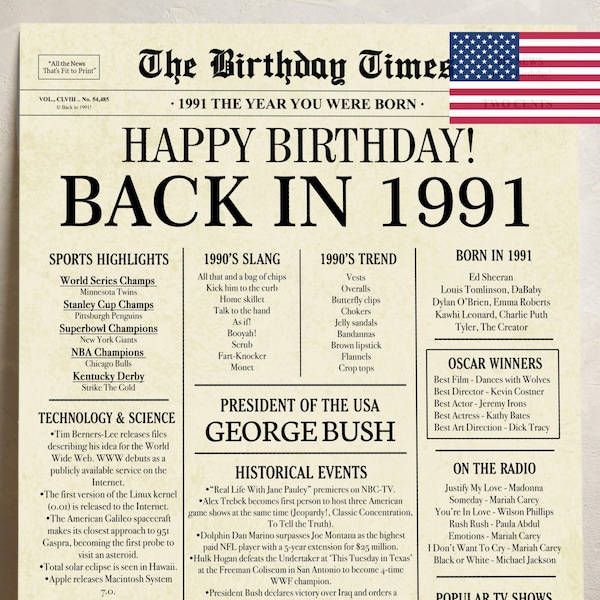 1991 Birthday Poster - Etsy