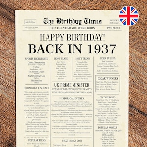 Back in 1937 United Kingdom 86th Birthday Newspaper Sign 1937 Birthday ...