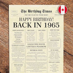 Back in 1965 CANADA 58th Birthday Newspaper Sign Canadian 1965 Birthday ...
