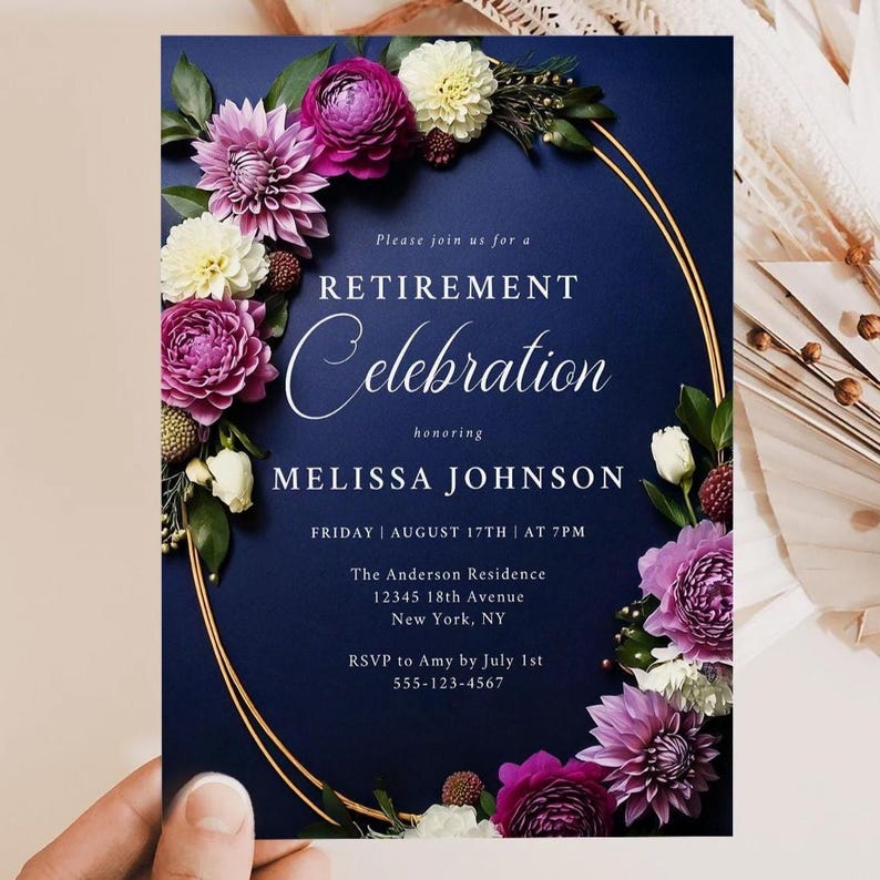 Floral Retirement Invitation Template: Navy, Gold, and Purple (digital ...