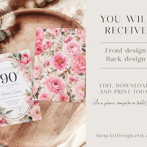 90th Birthday Invitation: Blush Pink Floral, Elegant Canva Template ...