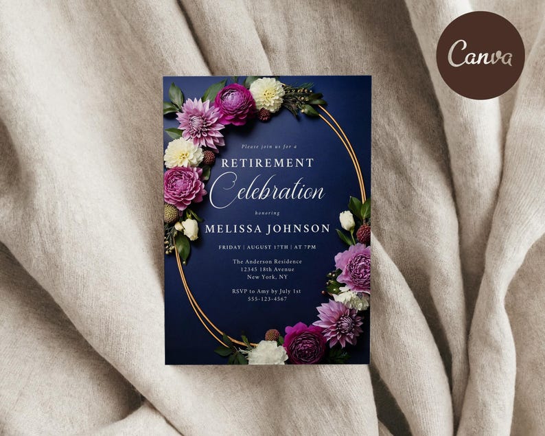 Floral Retirement Invitation Template: Navy, Gold, and Purple (digital ...