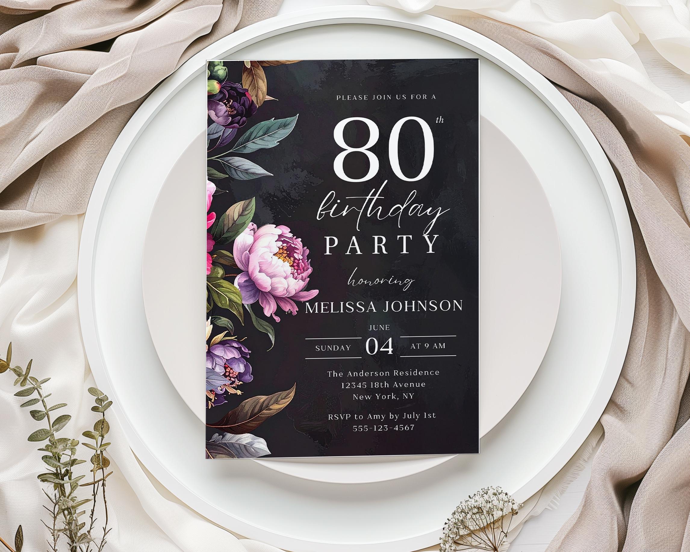 80th Birthday Invitation – Burgundy Floral, Canva Template (digital ...
