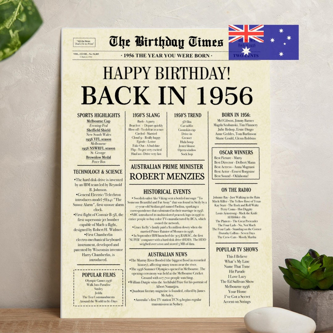 1956 AUSTRALIA, 69th Birthday Newspaper Print Australian, 1956 Birthday ...
