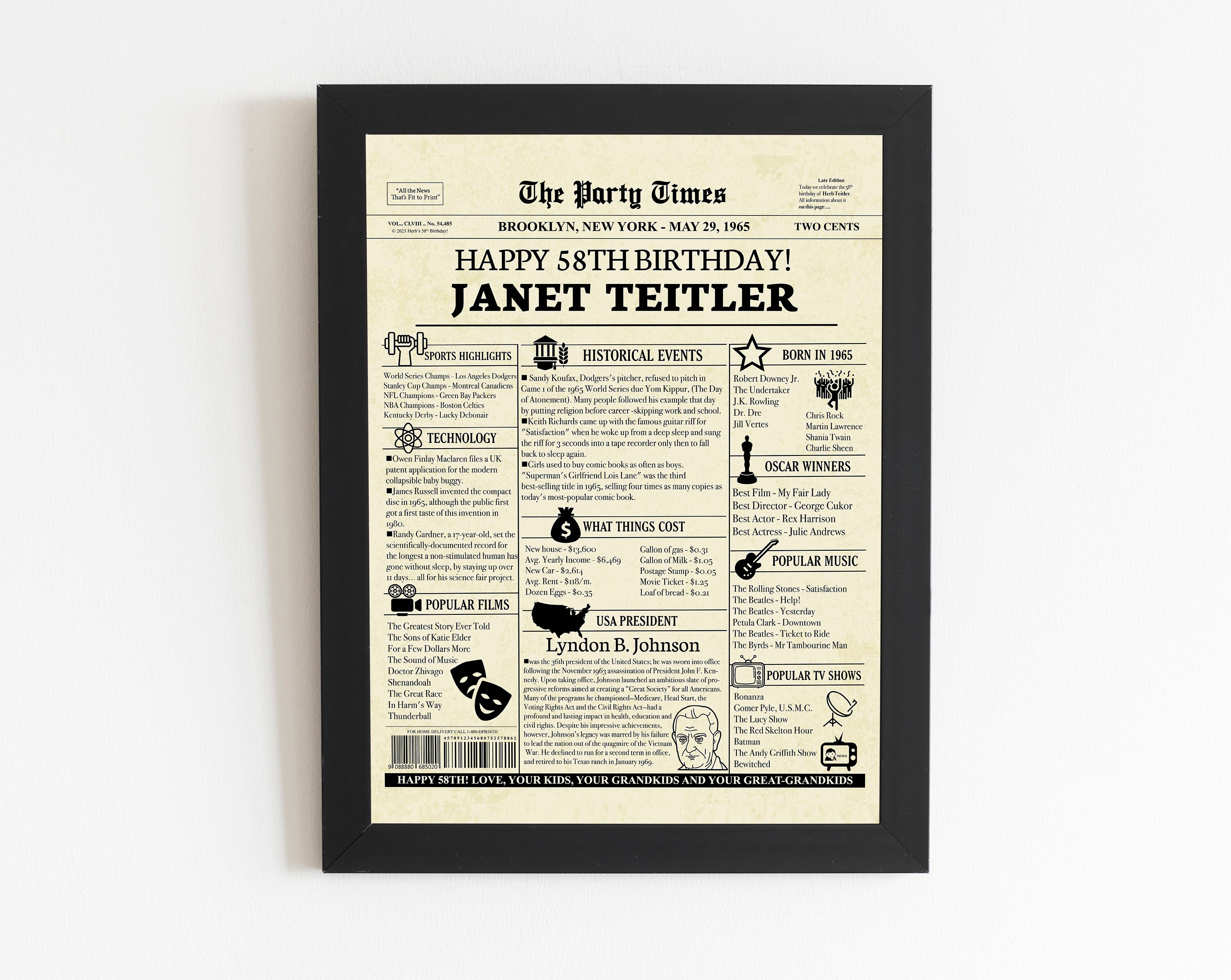 58th Birthday Newspaper Poster Sign Personalized 58th - Etsy
