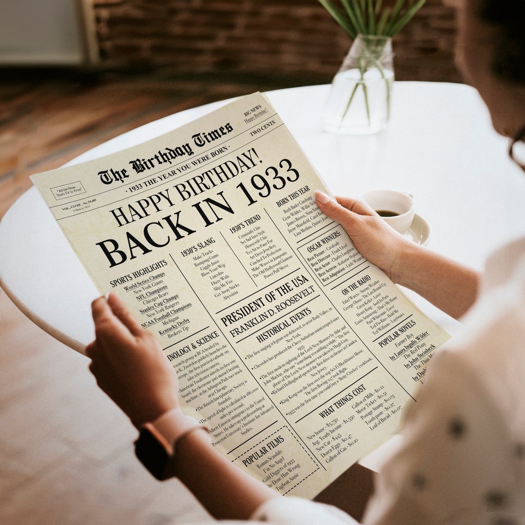 1933 Poster 91st Birthday Newspaper Sign 1933 Birthday - Etsy