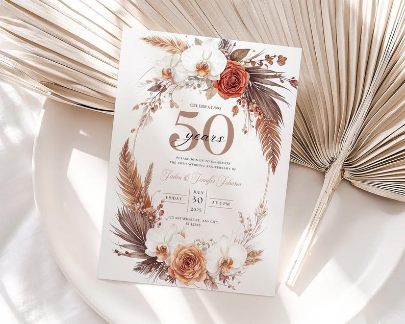 Boho Floral Anniversary Invitation: Editable Canva Template (digital ...