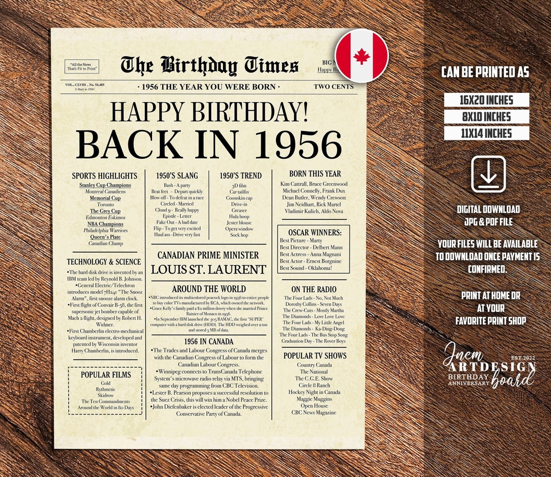 Back in 1956 CANADA 67th Birthday Newspaper Sign Canadian 1956 Birthday ...