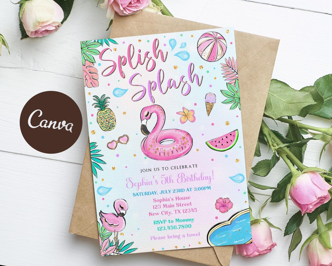 Flamingo Pool Party Invitation: Splish Splash Birthday (digital ...