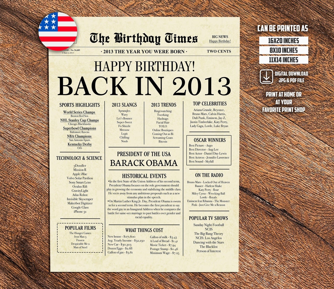 2013 Poster 10th Birthday Newspaper Sign USA 2013 Birthday - Etsy