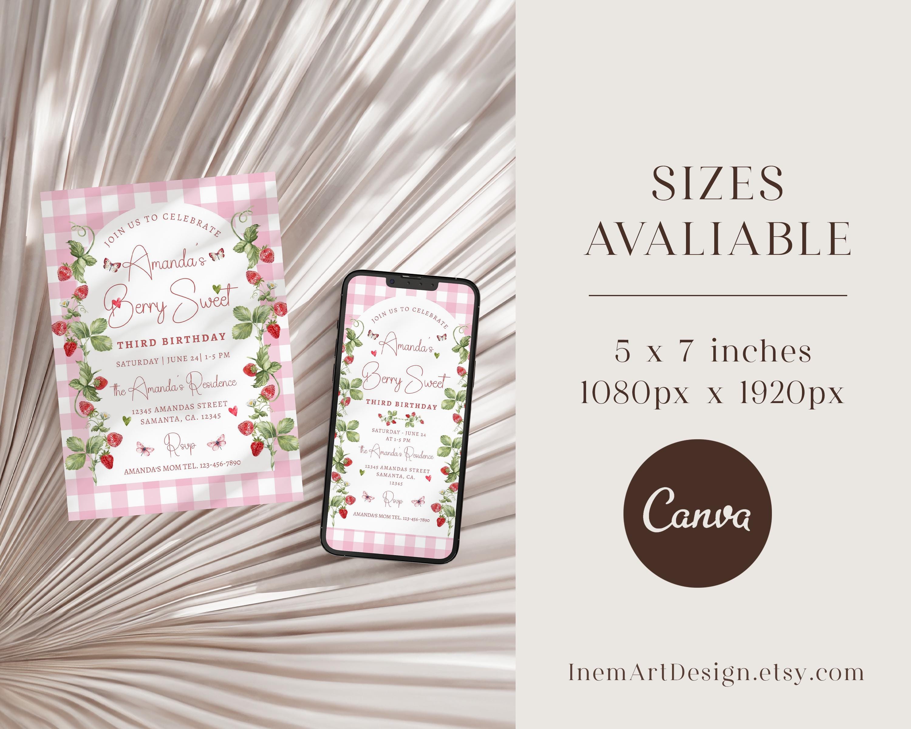 Strawberry Birthday Invitation: Berry Sweet Party, Canva Editable ...