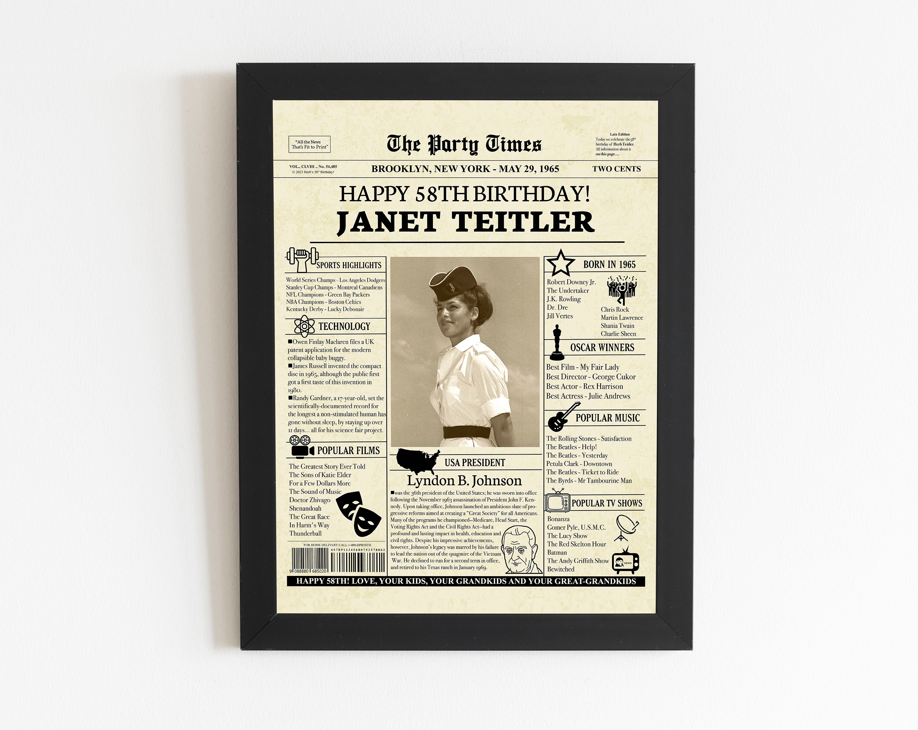 58th Birthday Newspaper Poster Sign Personalized 58th - Etsy