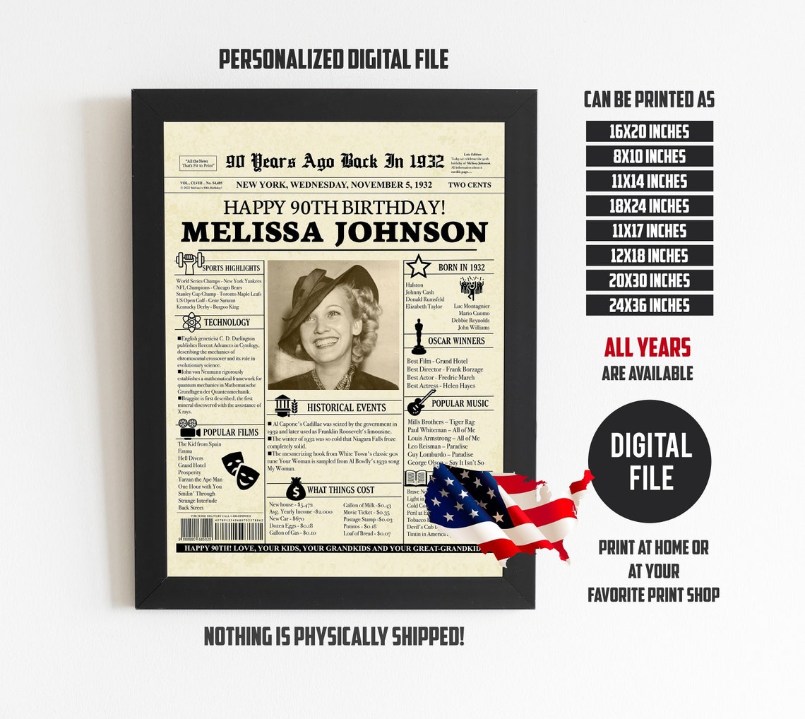 90th Birthday Newspaper Poster Personalized Birthday Sign - Etsy