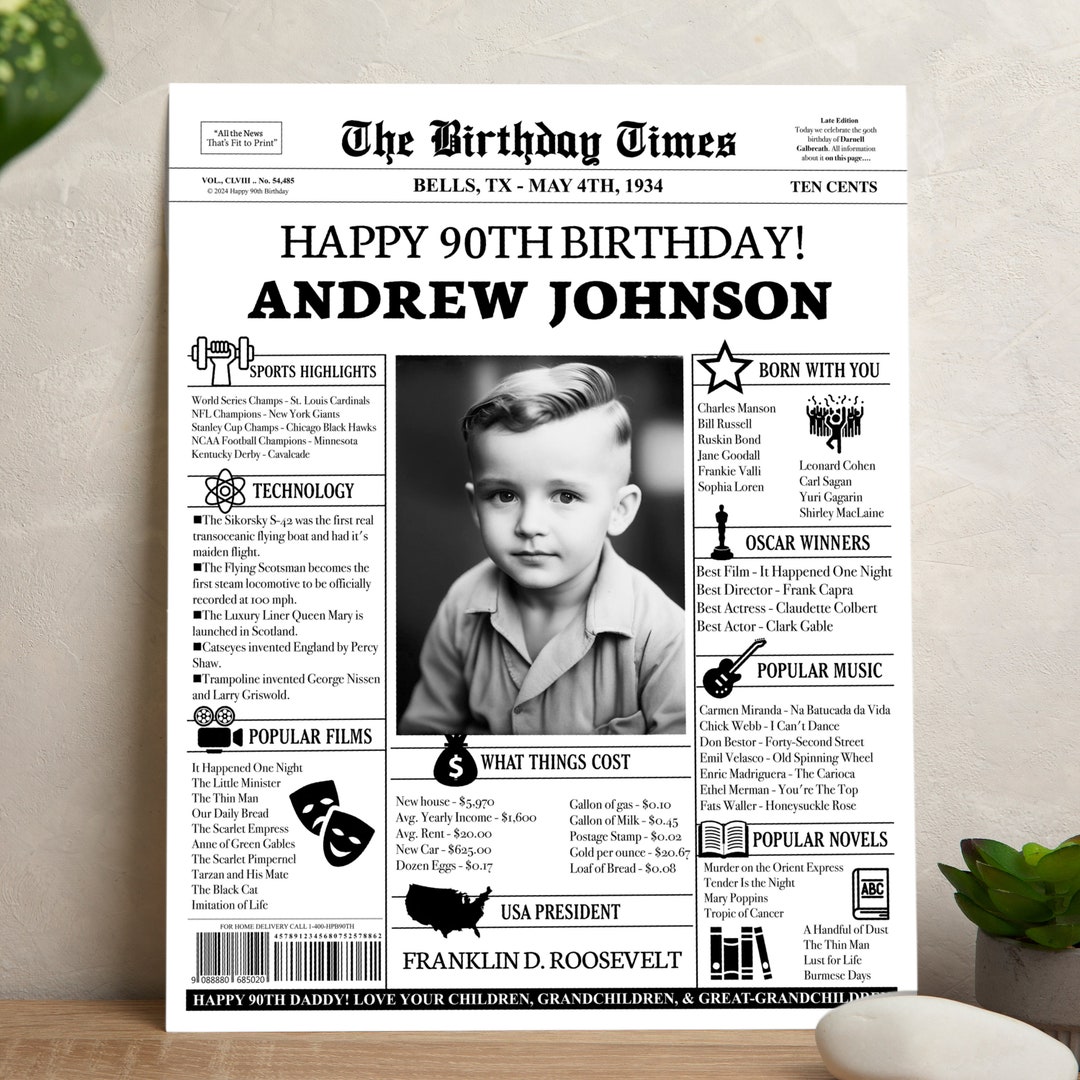 Personalized 90th Birthday Newspaper Poster, 90th Birthday Gift for Man ...