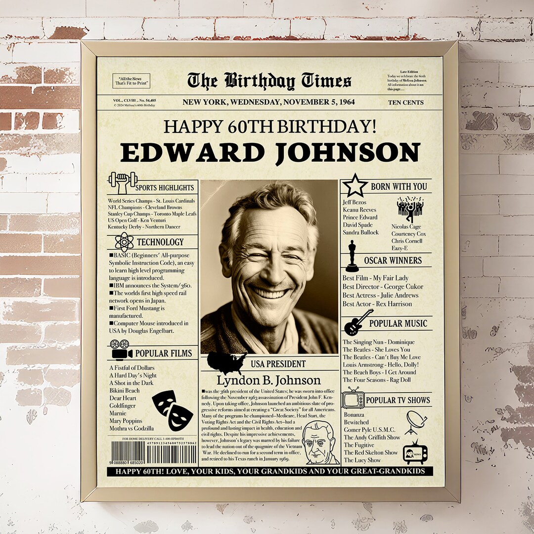 60th Birthday Newspaper Sign, 60th Birthday Gift for Men, 60th Birthday ...