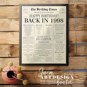 1998 Poster, 25th Birthday Newspaper Sign, 1998 Birthday Poster INSTANT ...