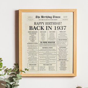 Back in 1937 United Kingdom 86th Birthday Newspaper Sign 1937 Birthday ...