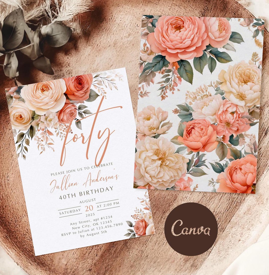 Floral 40th Birthday Invitation Template: Editable Canva Design ...