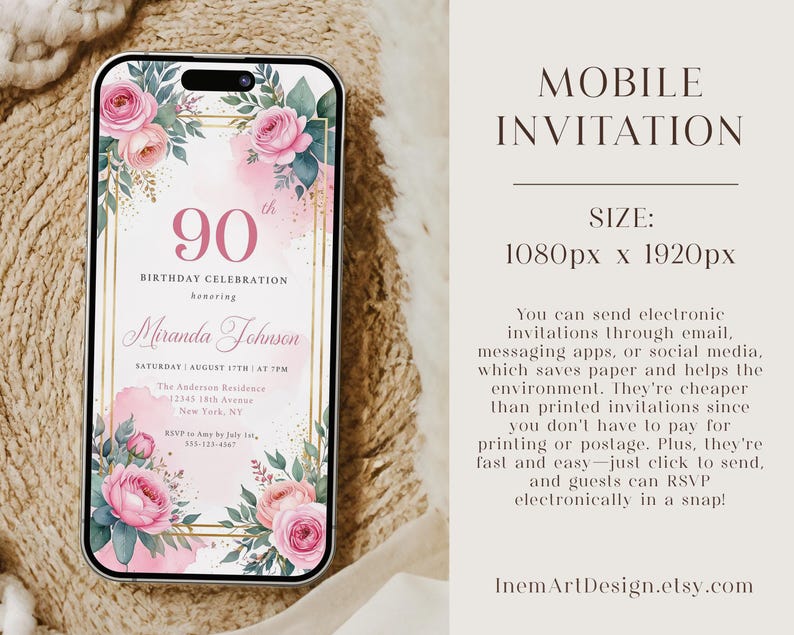 90th Birthday Invitation: Pastel Floral, Elegant Gold (canva Template ...