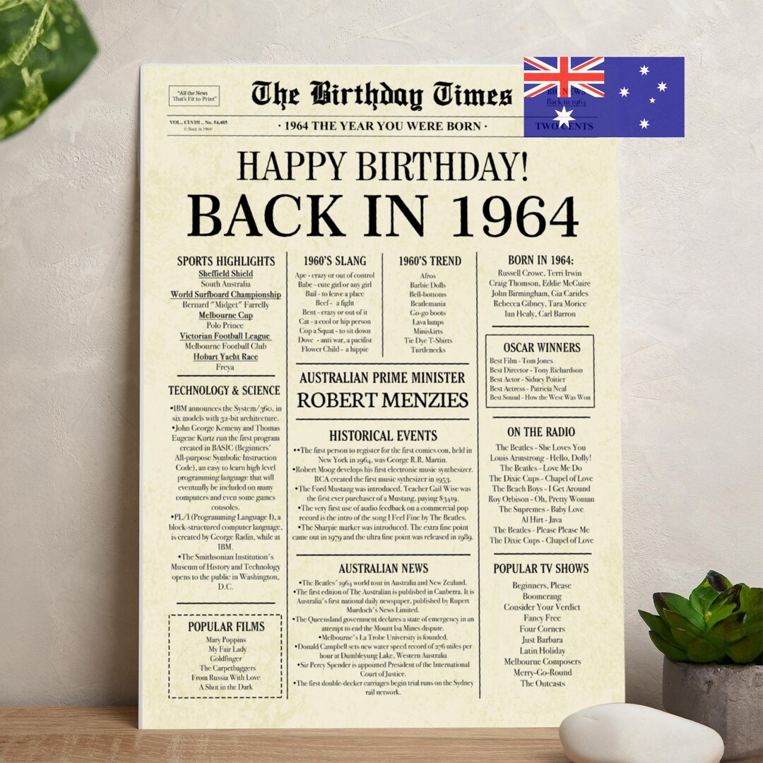 1964 AUSTRALIA, 61st Birthday Newspaper Print Australian, 1964 Birthday ...