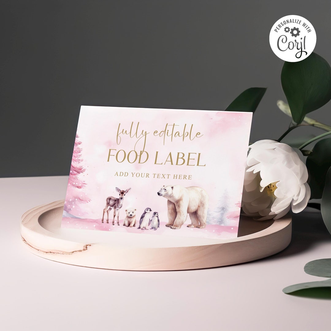 Editable Food Labels, Pink Winter Onederland Food Label Card, Woodland ...