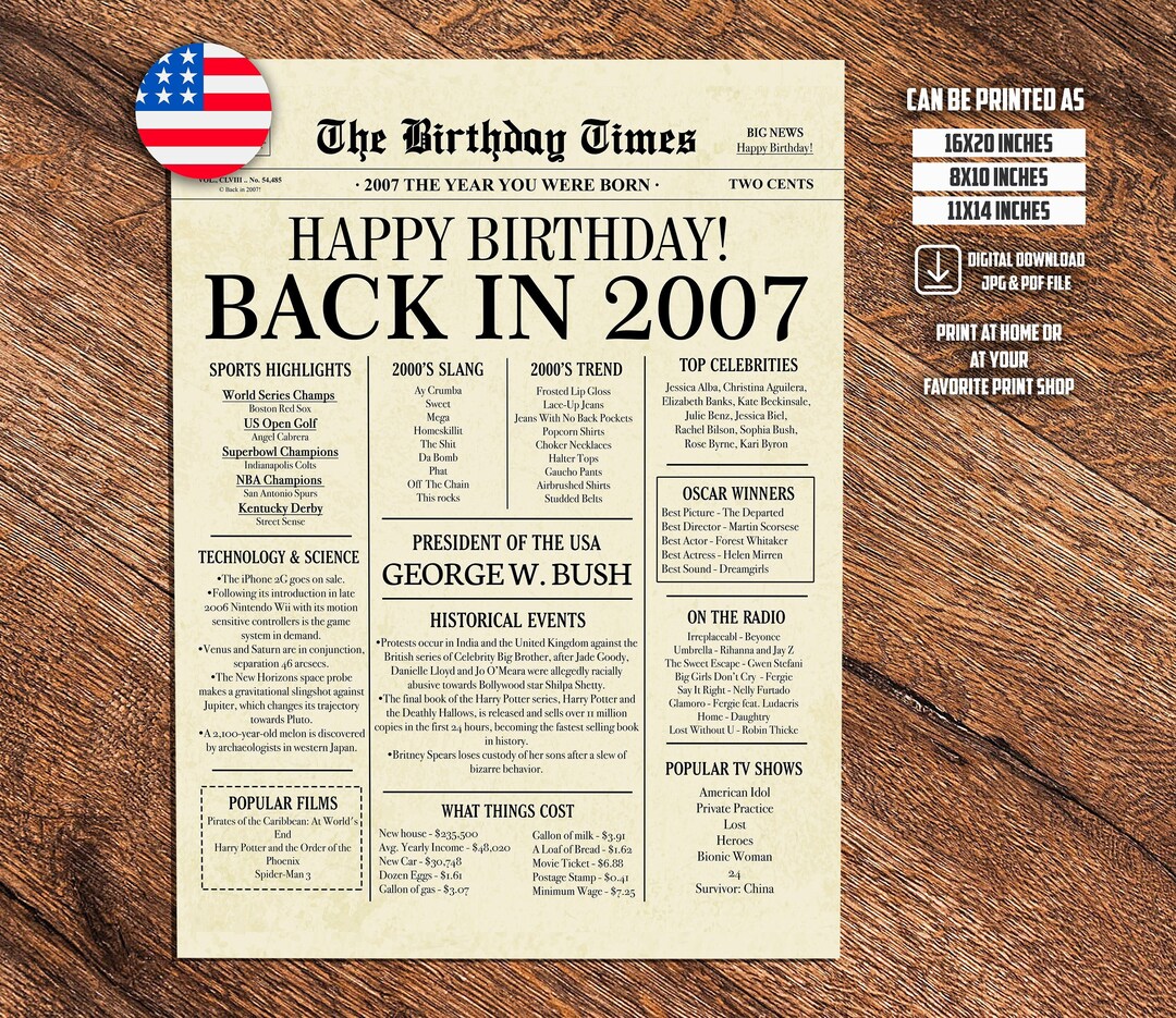 2007 Poster, 16th Birthday Newspaper Sign USA, 2007 Birthday Poster ...