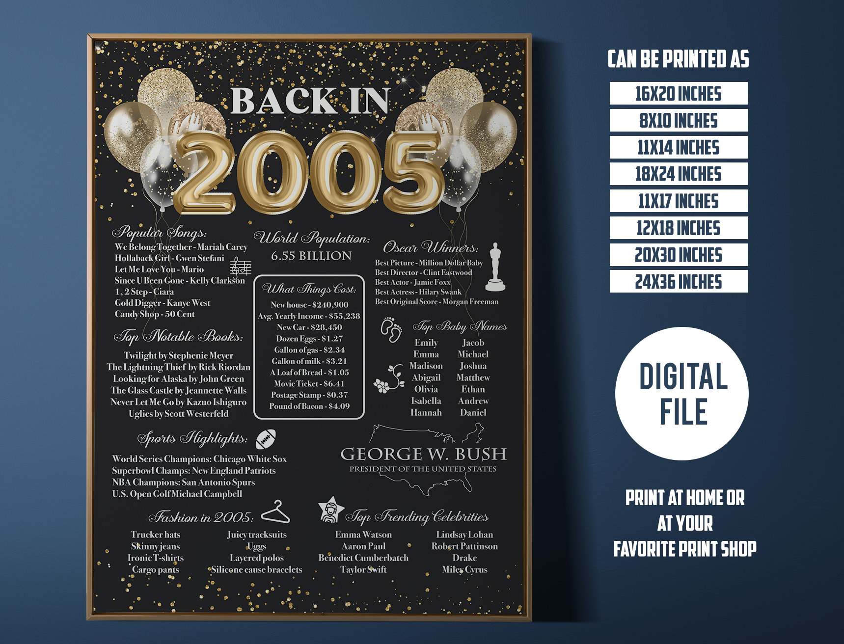 2005 Birthday Anniversary Trivia Poster: Fun Facts Print (digital ...