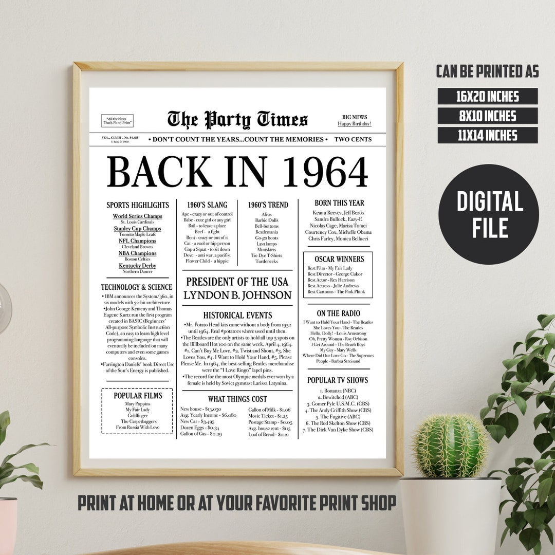 1964 60th Birthday Back in 1964 Last Minute Gift Fun Facts 1964 60th ...
