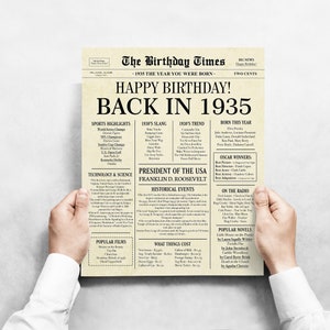 1935 Poster, 90th Birthday Newspaper Sign, 1935 Birthday Poster INSTANT ...
