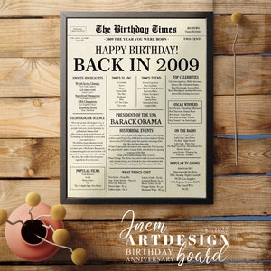 2009 Poster, 14th Birthday Newspaper Sign, 2009 Birthday Poster INSTANT ...