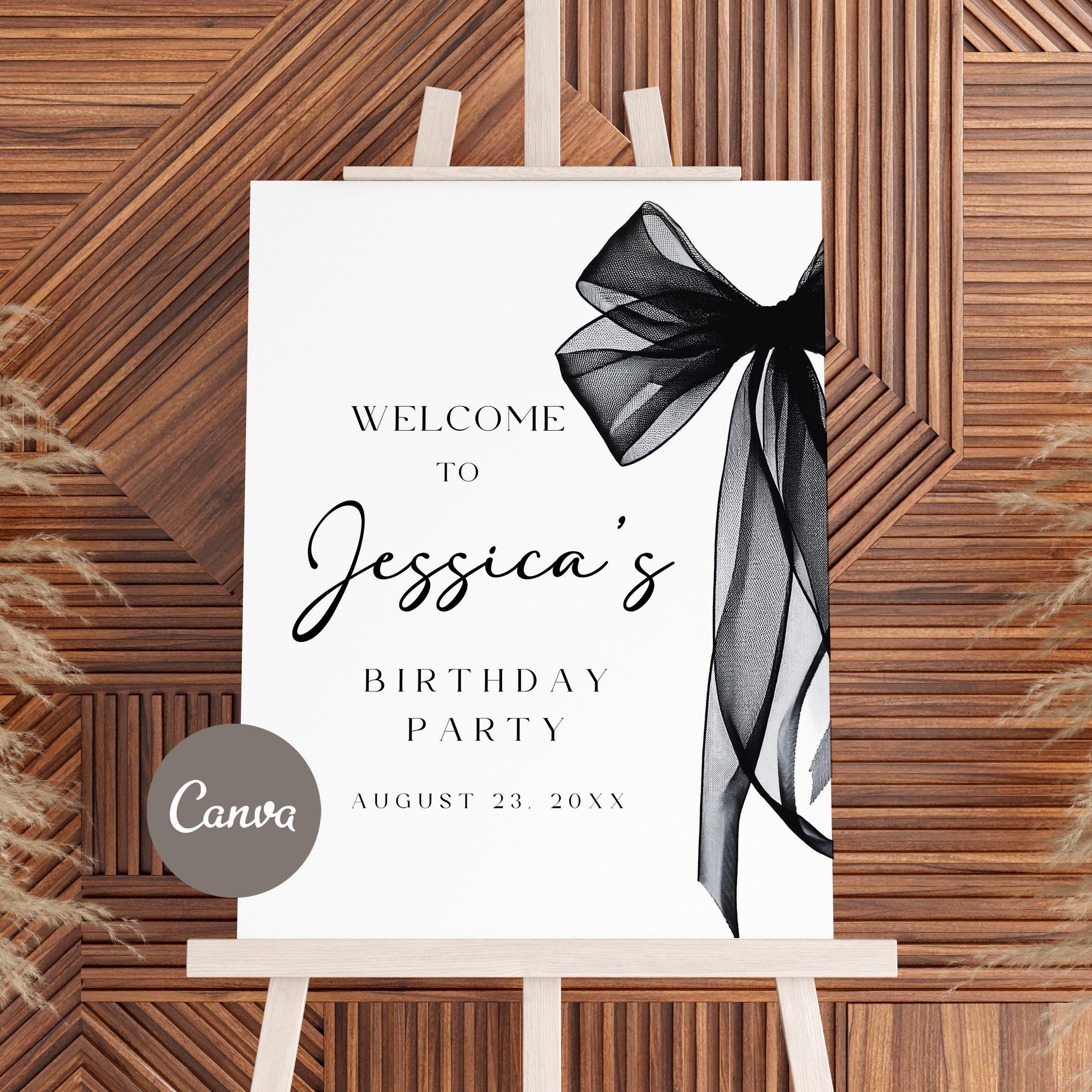 Black Bow Birthday Welcome Sign: Editable Canva Template (digital ...