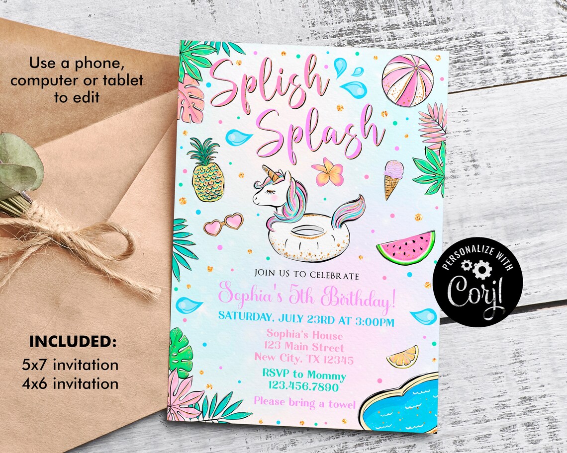Splish Splash Birthday Invitation Unicorn Pool Party - Etsy